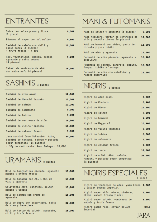 Carta - Sushi Barcelona · JARA