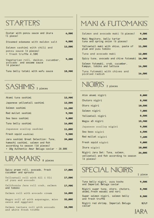 Carta - Sushi Barcelona · JARA