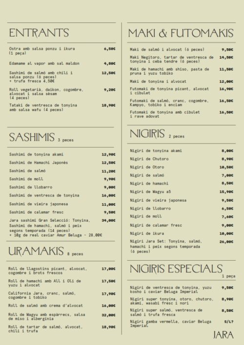 Carta - Sushi Barcelona · JARA